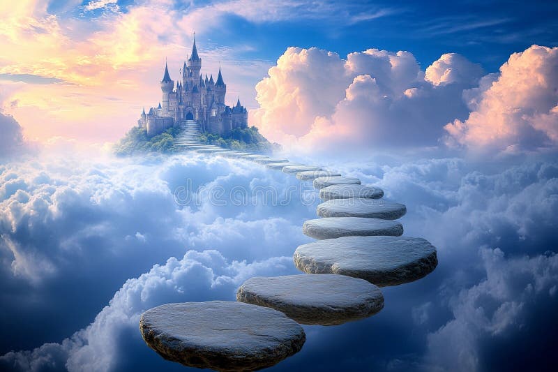 Majestic Castle in the Clouds with a Pathway of Stones Under a Bright ...