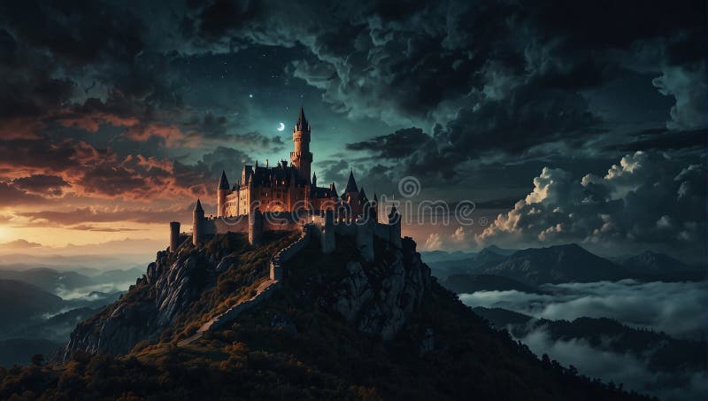 Majestic Castle on Hilltop Illuminated at Night with Dramatic Cloudy ...