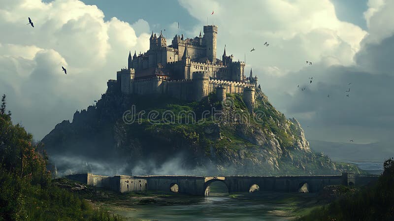A Majestic Castle Perched Atop a Hill with a Moat and Drawbridge. Stock ...