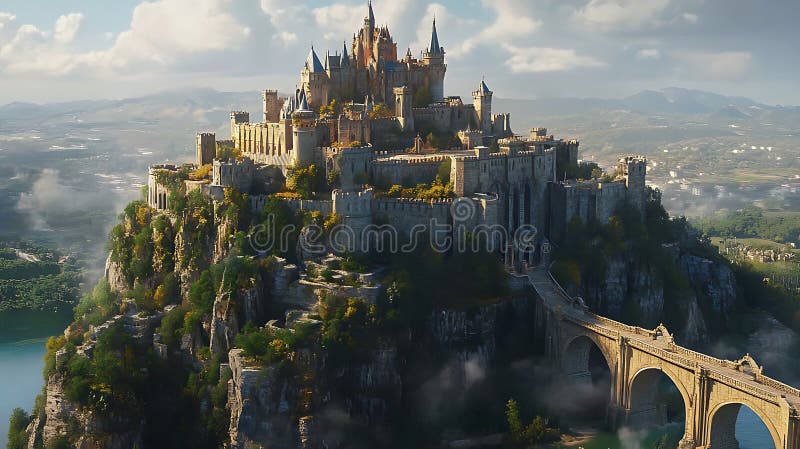 A Majestic Castle Perched Atop a Hill with a Moat and Drawbridge. Stock ...