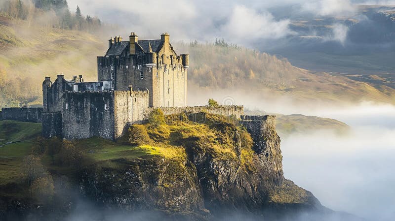 A Majestic Castle Perched on a Cliff, Surrounded by Mist and Rolling ...