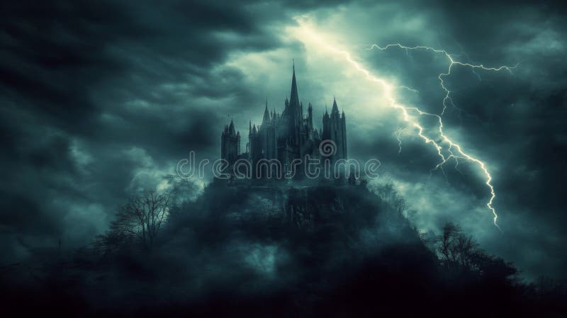 A Majestic Castle Silhouette Against a Stormy Sky Stock Illustration ...