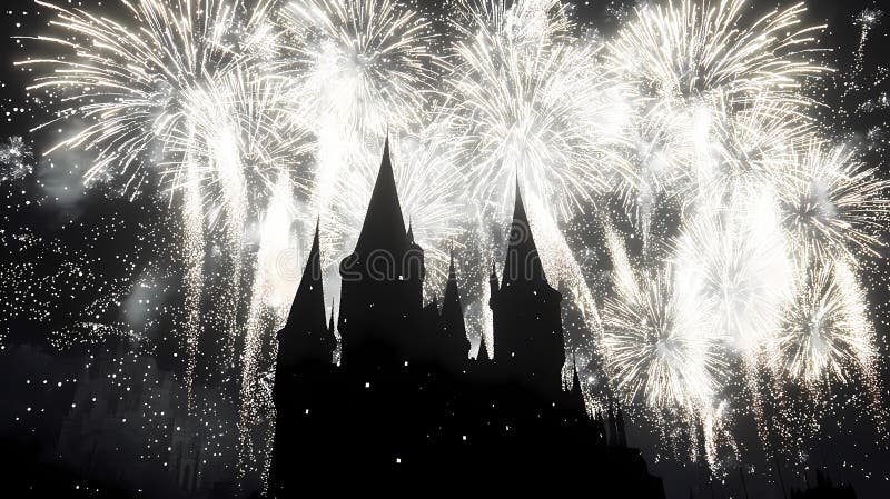Majestic Castle Silhouette with Dazzling Fireworks Display at Night ...