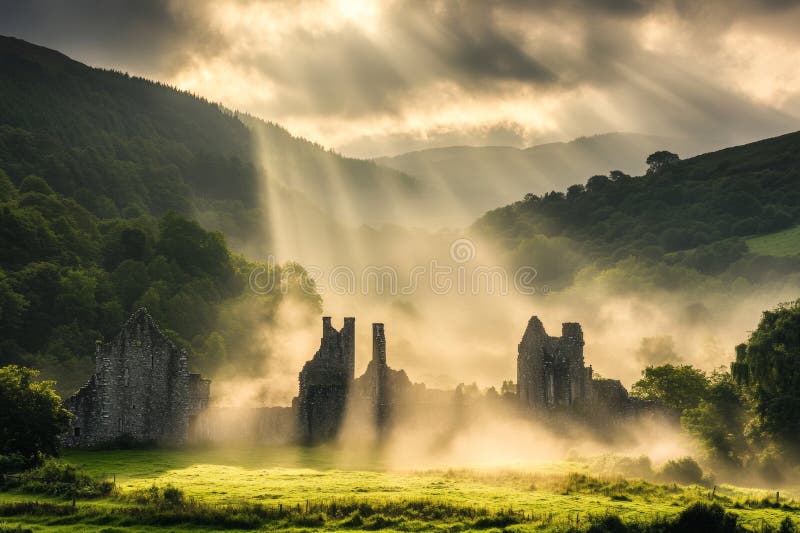 A Majestic Castle Sits Atop a Hillside Surrounded by Mist at Dawn Stock ...