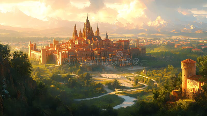 Majestic Castle Sunset Valley Landscape, Game Design Stock Illustration ...