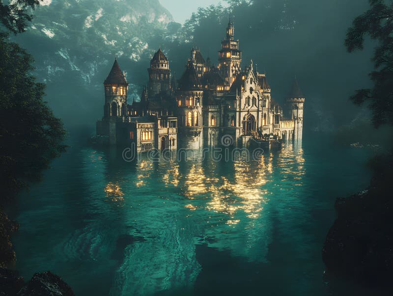 Majestic Castle Surrounded by Water and Misty Forest Stock Illustration ...