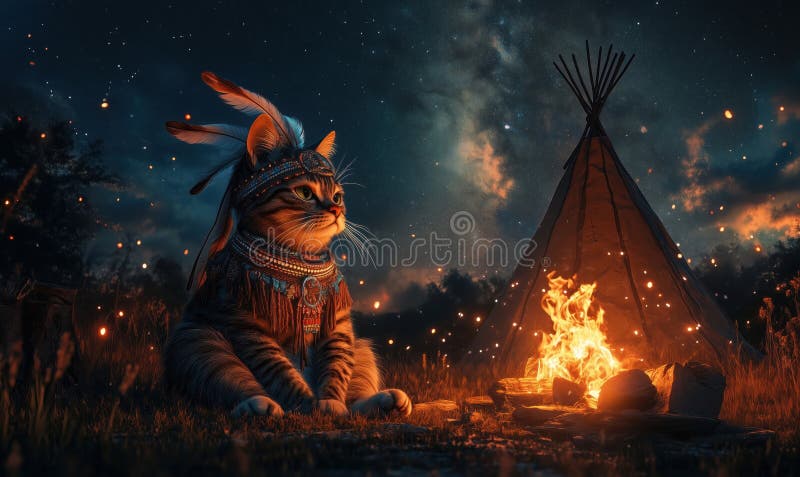 Majestic Cat in Native American Attire by Campfire Under Starry Sky ...