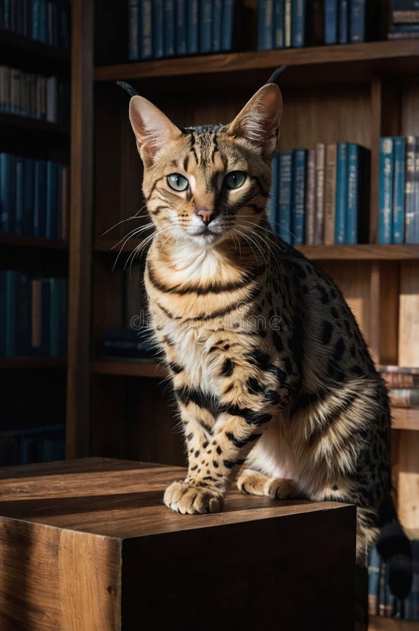 Elegant Bengal Cat Sitting on Wooden Table in Library Stock ...