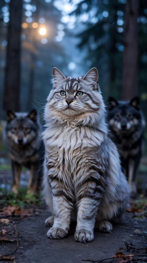 Majestic Cat and Wolves in Forest Stock Image - Image of wild, wolves ...