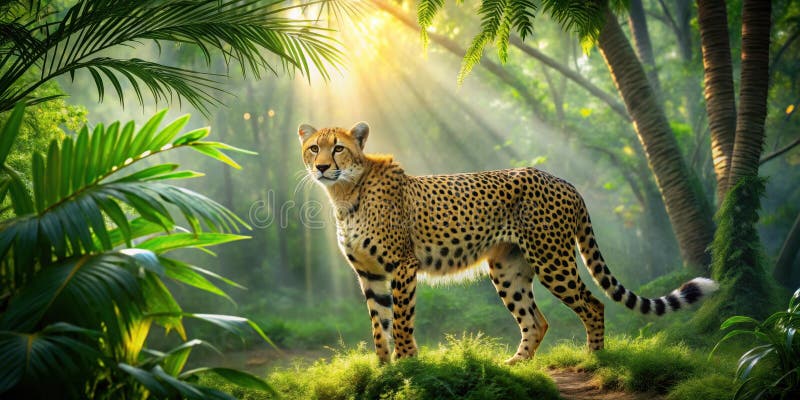 Majestic Cheetah in a Lush, Sun-dappled Rainforest Habitat. Generative ...