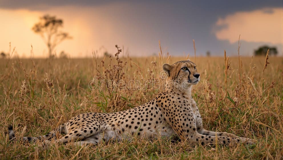 Majestic Cheetah Resting in Grass Storm Approaching Stock Illustration ...
