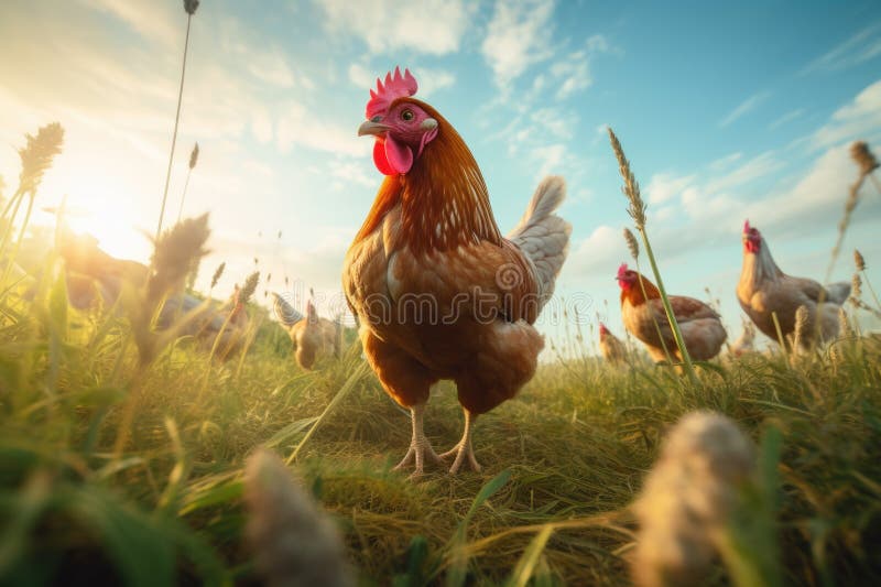Majestic Chicken in Sunrise Field Stock Illustration - Illustration of ...