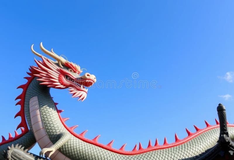 A Majestic Chinese Dragon Soaring in Front of a Blue Sky Stock ...