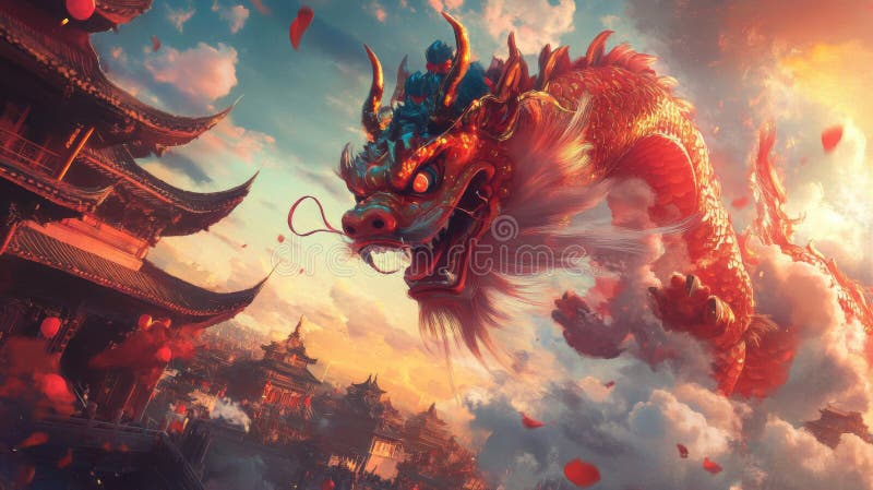 Majestic Chinese Dragon Soaring Over Ancient Temples at Sunset Stock ...
