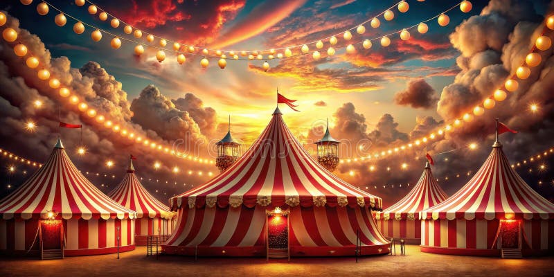 A Majestic Circus Under a Dramatic Sunset Sky with Illuminated Tents ...