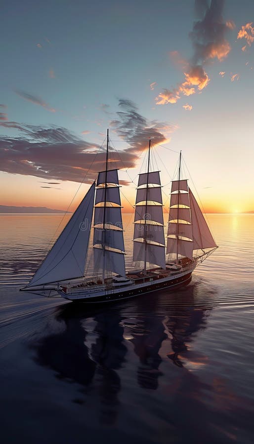 A Majestic Classic Sailing Ship Navigating Serene Ocean Waters at ...