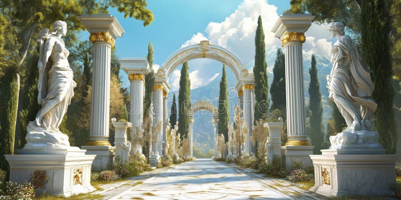 Majestic Classical Architecture Statues Lush Greenery Serene Landscape ...