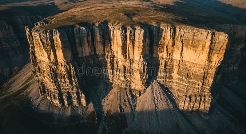 Majestic Cliff Face with Layered Rock Formations, Illuminated by Warm ...