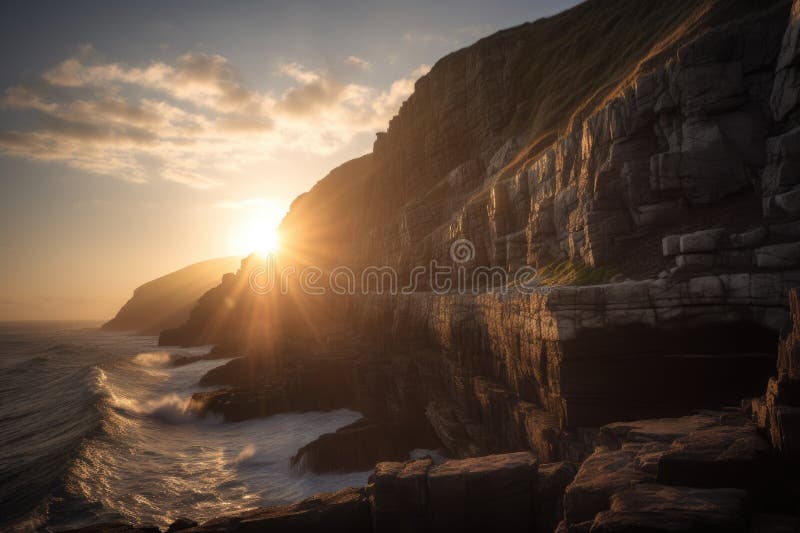 Majestic Cliff Face, with the Sun Setting Behind it, Casting a Warm ...