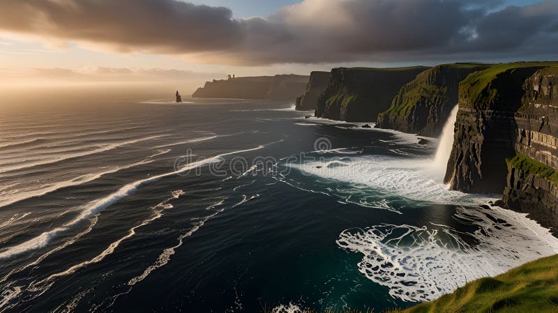 Majestic Cliffs of Moher at Sunrise, with Waves Crashing Below and Mist ...