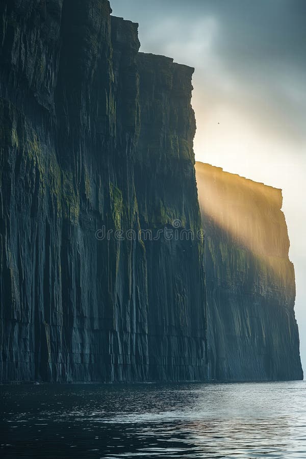 Dramatic Cliffs with Sunlight Illuminating the Ocean at Dawn on a Calm ...