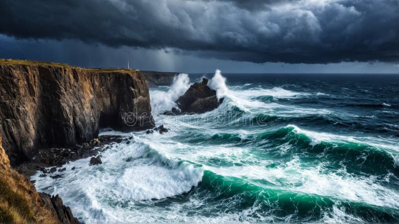 Majestic Cliffs and Stormy Sea with Dramatic Waves and Dark Clouds ...