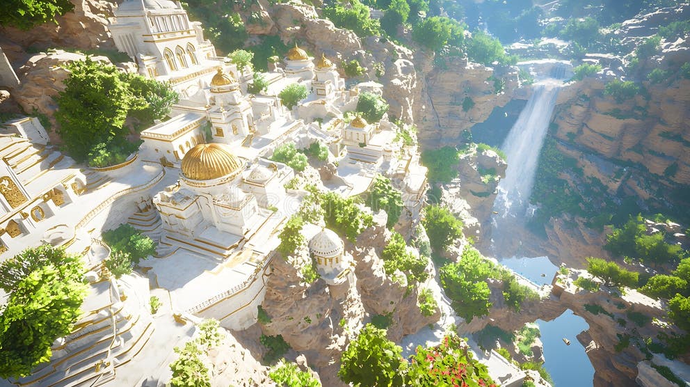 Aerial View of Luxurious White Temple Complex on Cliffside with ...