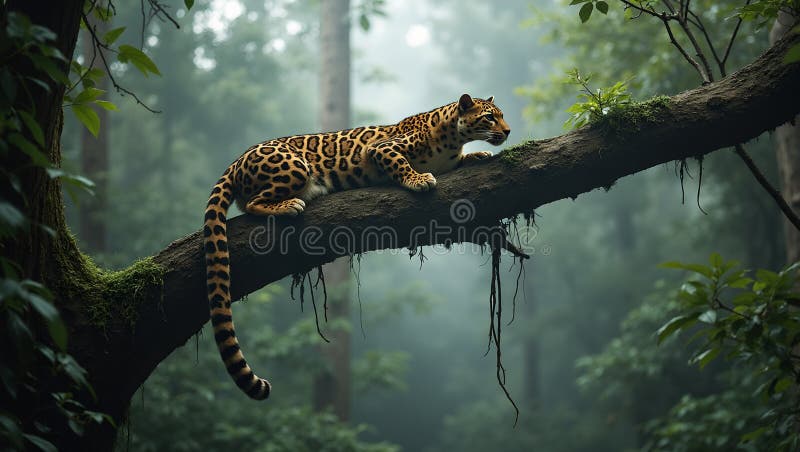 Majestic Clouded Leopard Navigating Misty Rainforest Stock Illustration ...