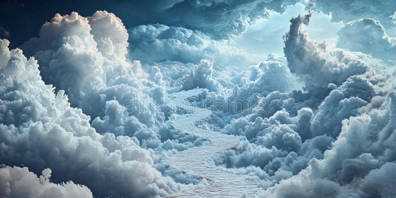 Majestic Cloudscape with a Serene Pathway Leading through Fluffy Clouds ...