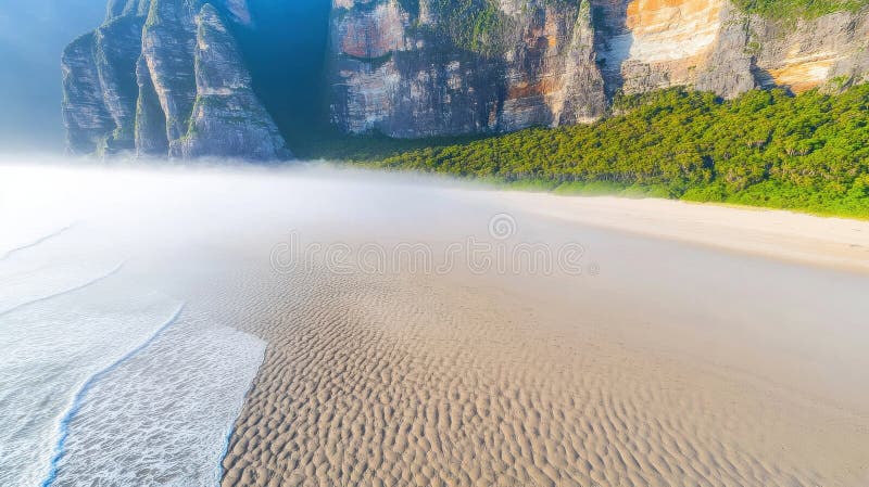Majestic Coastal Cliffs and Misty Beach with Rugged Terrain and Calm ...