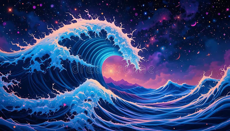 Majestic Cosmic Wave Surging Under a Starry Sky with Bright Colors and ...