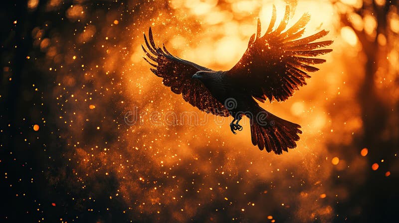Majestic Crow in Flight, Backlit by a Fiery Sunset, Surrounded by ...