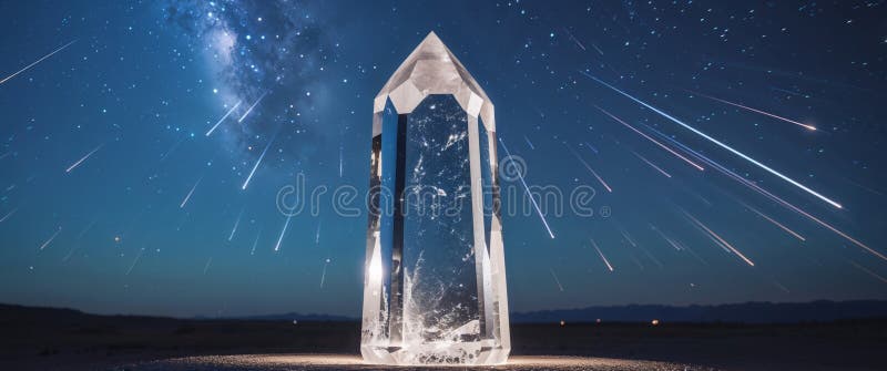 Majestic Crystal Tower Under Starry Night Sky with Meteor Shower. Stock ...