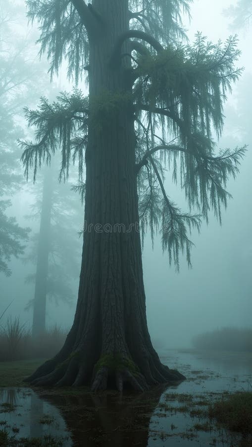 Majestic Cypress Tree in Misty Swamp with Spanish Moss Stock ...