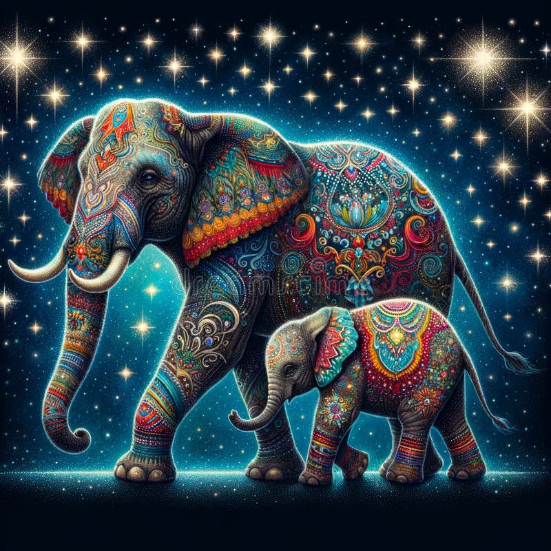 Majestic Decorated Elephants Under Starry Sky Stock Illustration ... Majestic Decorated Elephants Under Starry Sky Stock Illustration ...