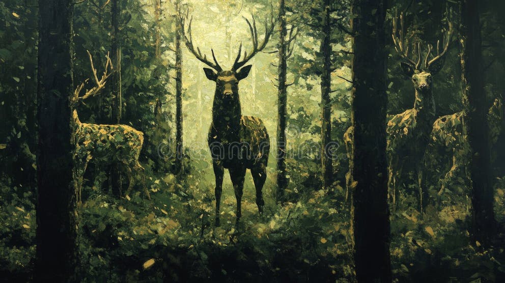 Majestic Deer in Dark Green Forest at Twilight Stock Illustration ...