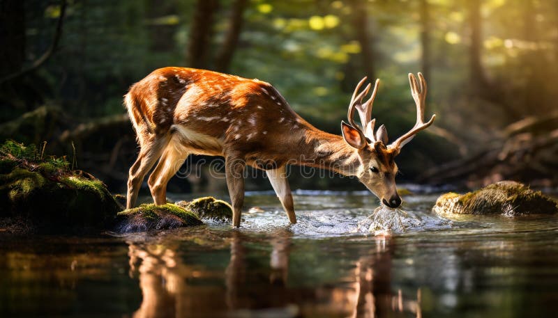 Majestic Deer Drinking Water in a Forest Stream Stock Image - Image of ...