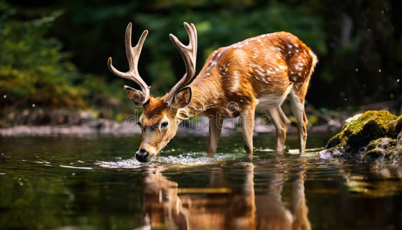 Majestic Deer Drinking Water in Serene Forest Setting Stock Photo ...