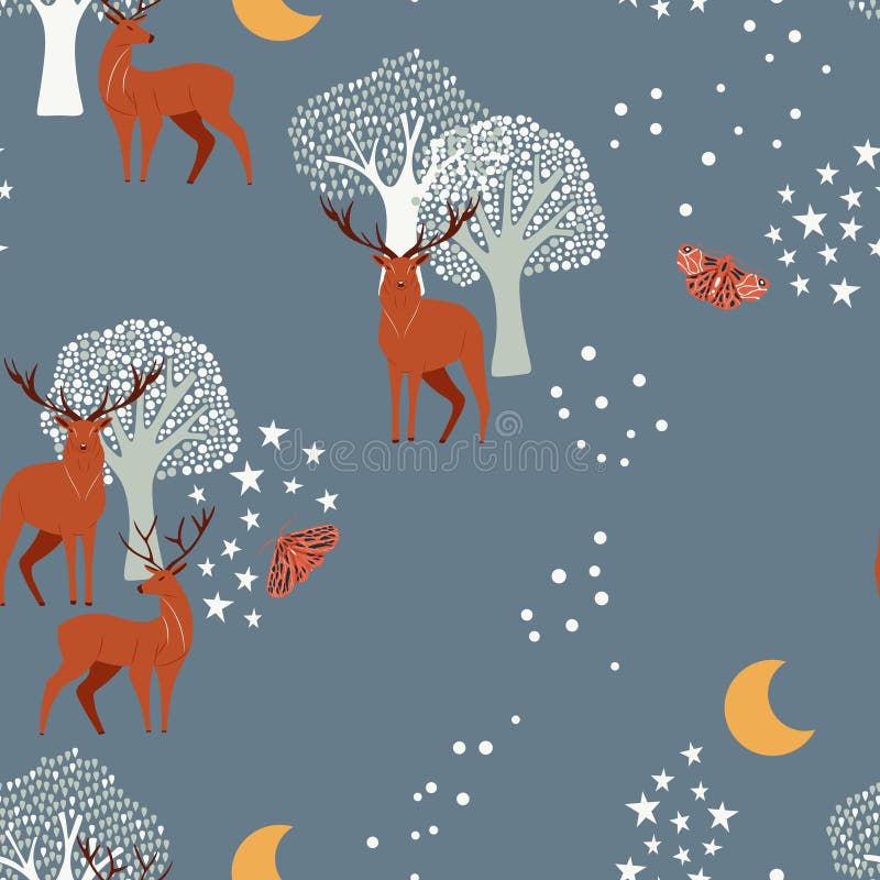 Majestic Deer in Enchanted Night Forest Pattern. Hand Drawn Deer in a Forest with Trees, Flora ...