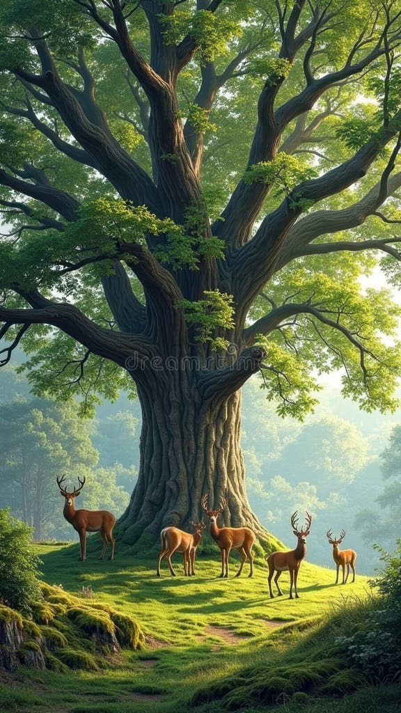 Majestic Deer Gathering Under a Grand Tree in a Sunlit Forest Stock ...