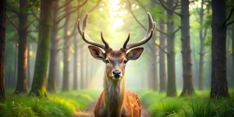 Majestic Deer Gazing Serene through Misty Forest Path at Dawn ...