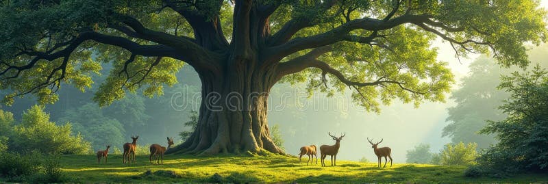 Majestic Deer Grazing Under Ancient Oak Tree in Sunlit Forest Clearing ...