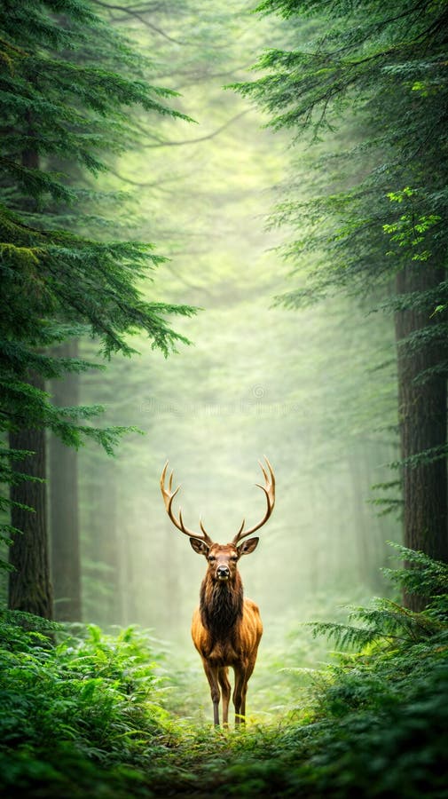 Majestic Deer in Misty Forest, Surrounded by Lush Greenery and Tall ...