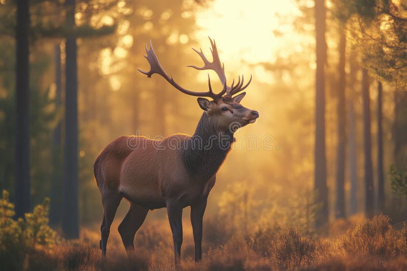 Majestic Deer in Sunset Forest Scene. Stock Illustration - Illustration ...