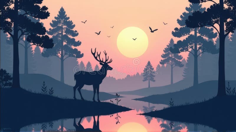 Majestic Deer at Sunset in a Serene Forest Landscape Stock Illustration ...