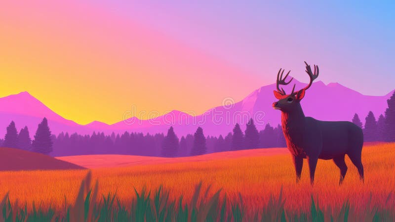 Majestic Deer in a Vibrant Sunset Landscape Illustration Stock Photo ...