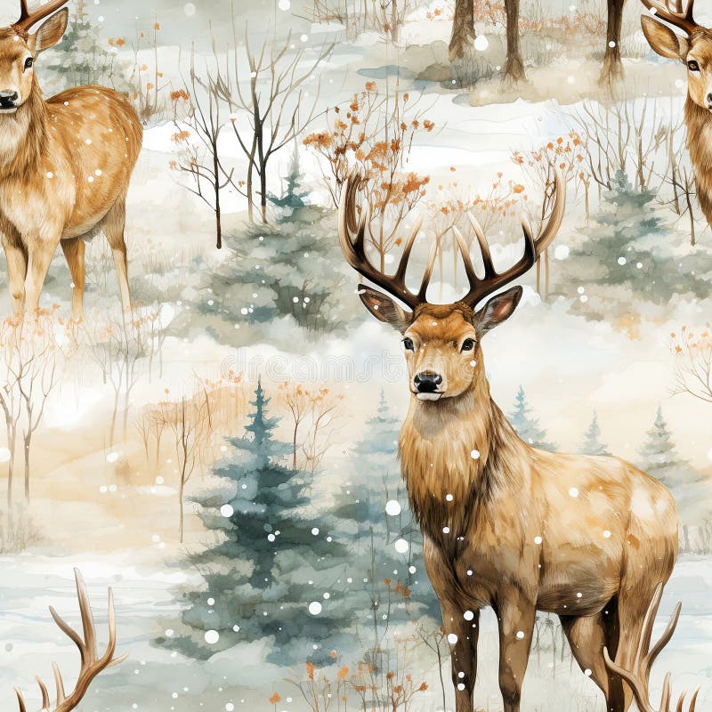 A Majestic Deers in a Snowy Forest. Seamless Pattern Stock Illustration ...