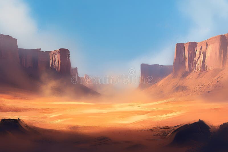 Majestic Desert Landscape with Sandstone Cliffs and Hazy Sand Dramatic ...