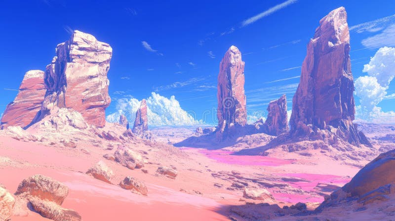 Majestic Desert Landscape with Towering Rock Formations Under Blue Sky ...