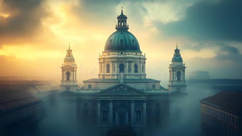 A Majestic Dome Structure Shrouded in Fog, Illuminated by a Dramatic ...